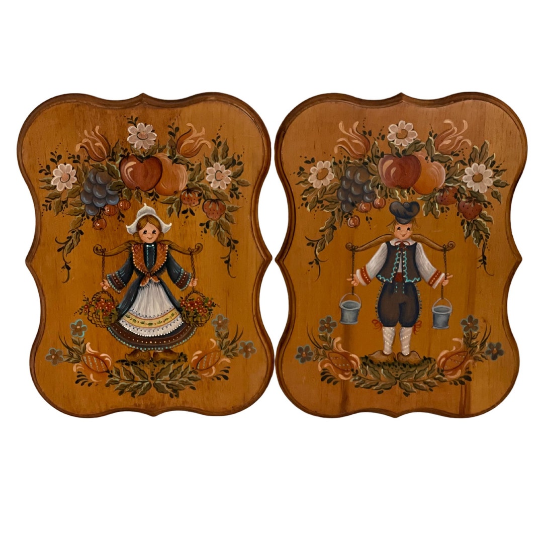 Vintage Dutch Folk Art Hand Painted Boy and Girl and Decorative Floral ...