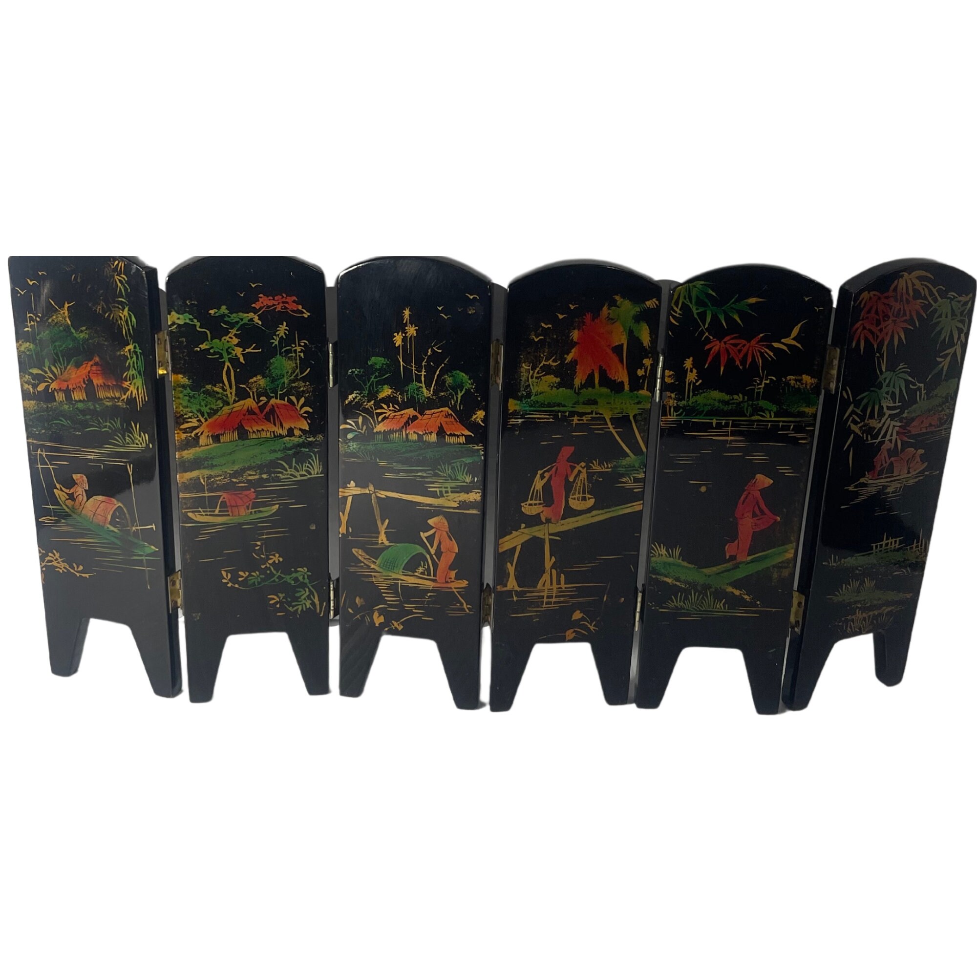 Vintage Asian Table Screen /chinese Hand Painted Blac Lacquered 6 ...