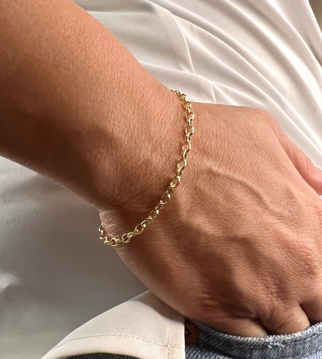 14K Yellow Gold Oval Rolo Chain Bracelet, 14K Real Gold Bracelet, 14K ...