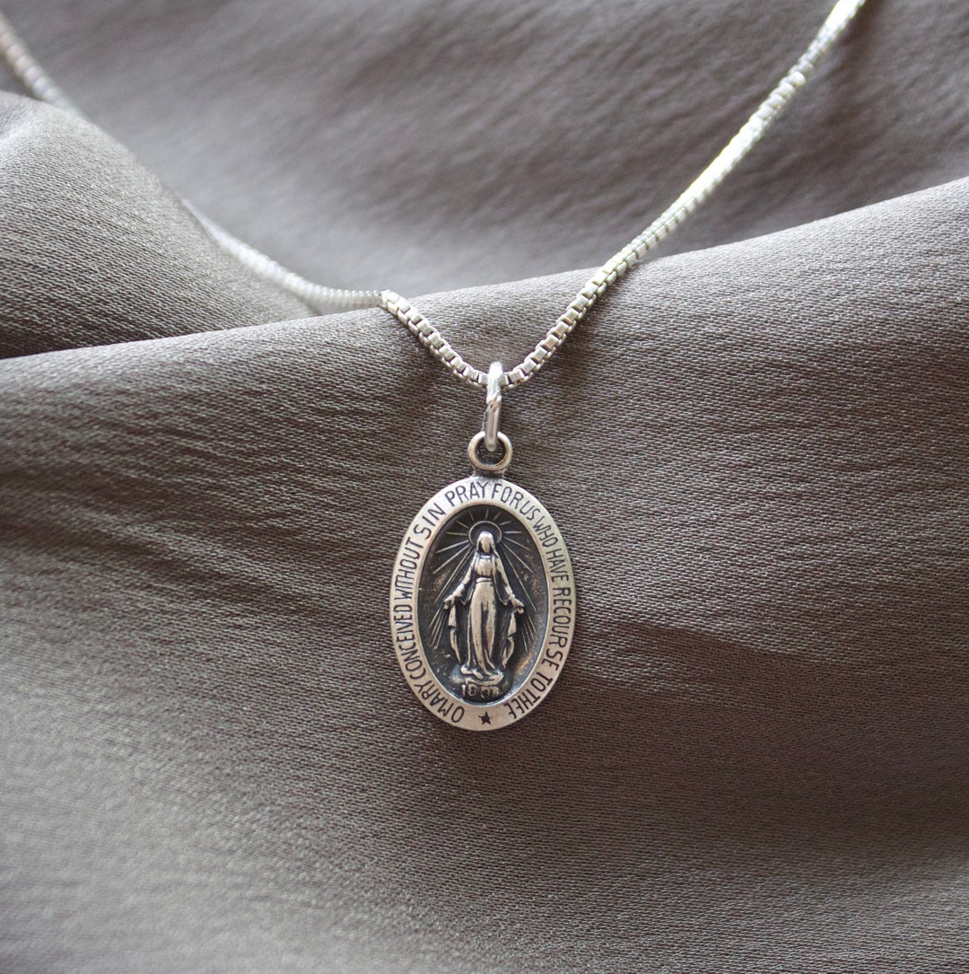 Sterling Silver Miraculous Mary Pendant-antiqued Virgin Mary Oval Small ...