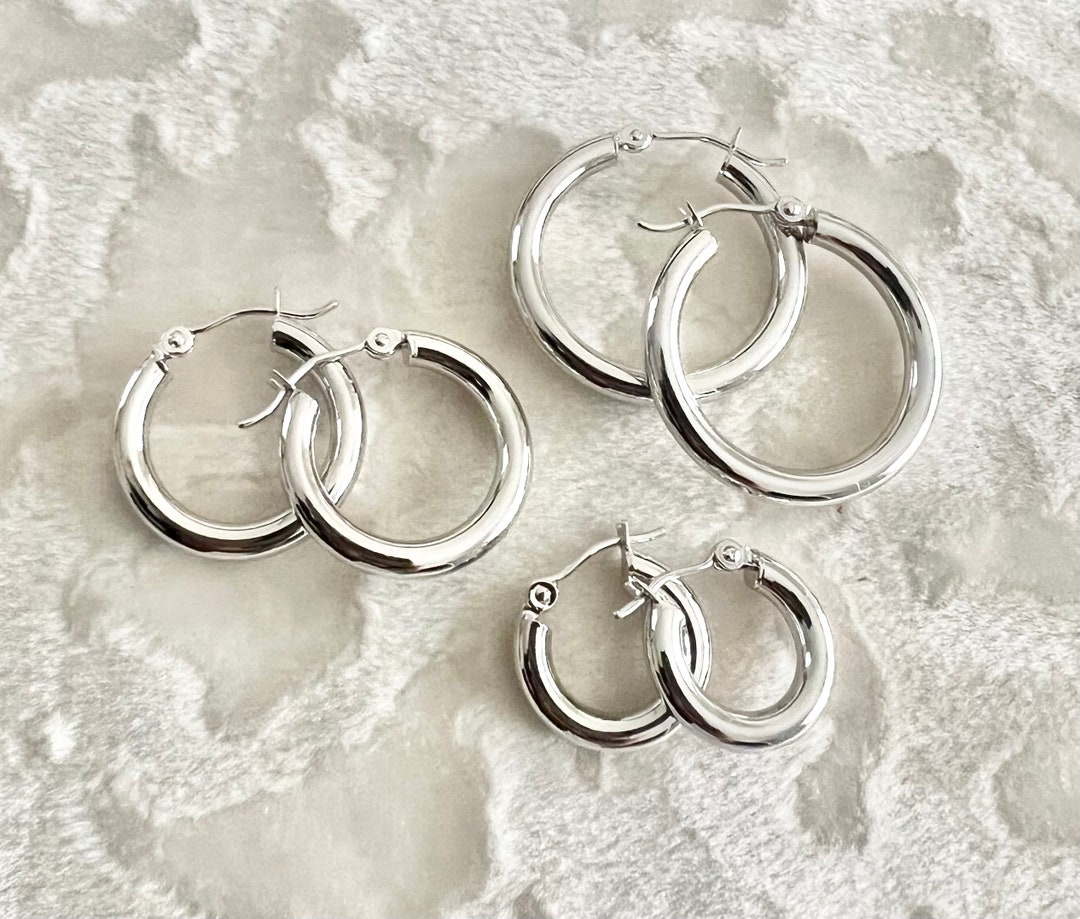 14K White Gold 3mm Hoop Earrings, 14K Real White Gold Hoop Earrings, 14K 3mm Tubular Hoop ...