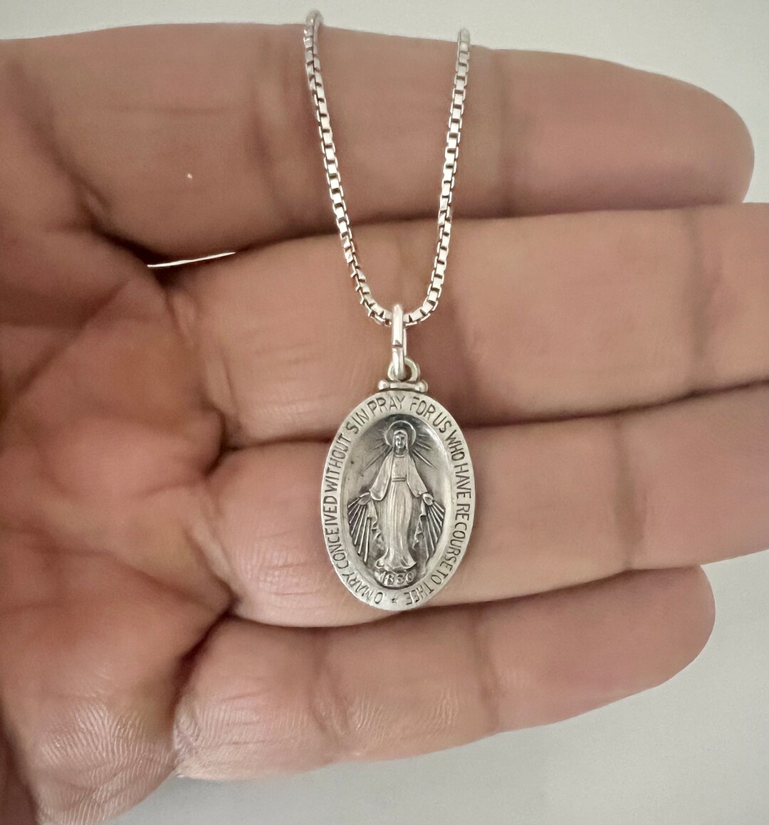 Sterling Silver Miraculous Virgin Mary Antiqued 28mm Pendant - Optional ...