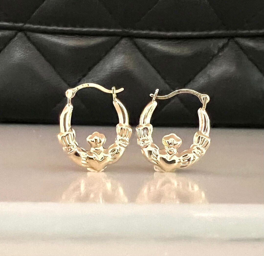 10K Real Yellow Gold Claddagh Hoop Earrings: Irish Mini Hoops, Small ...