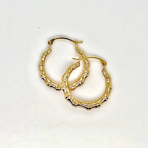 10K Gold Bamboo Earrings Hoop Earrings, 10K Real Yellow Gold Small 3/4 ...