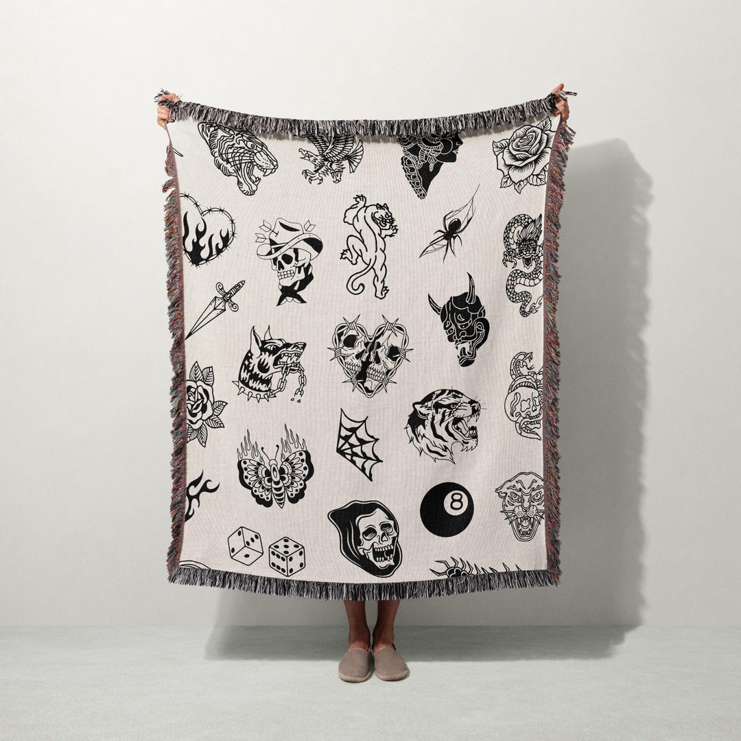Traditional Tattoo Flash Woven Blanket | 100% Cotton Tapestry Throw ...