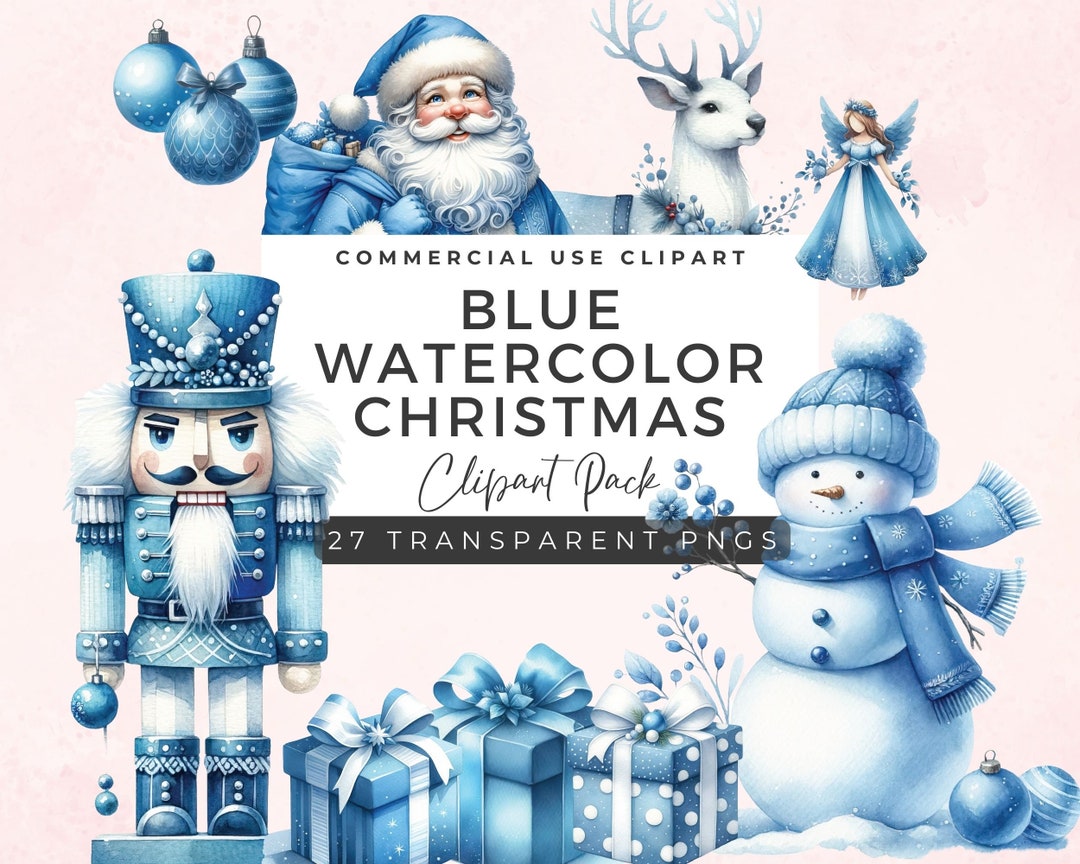 Blue Christmas Clipart Bundle Blue Christmas Sublimation Watercolor ...