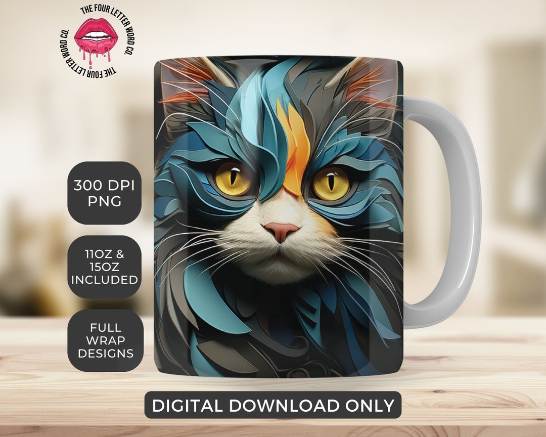 3D Cat Mug Wrap | 3D Animal Mug | Cat Mug Design | Cute Cats ...
