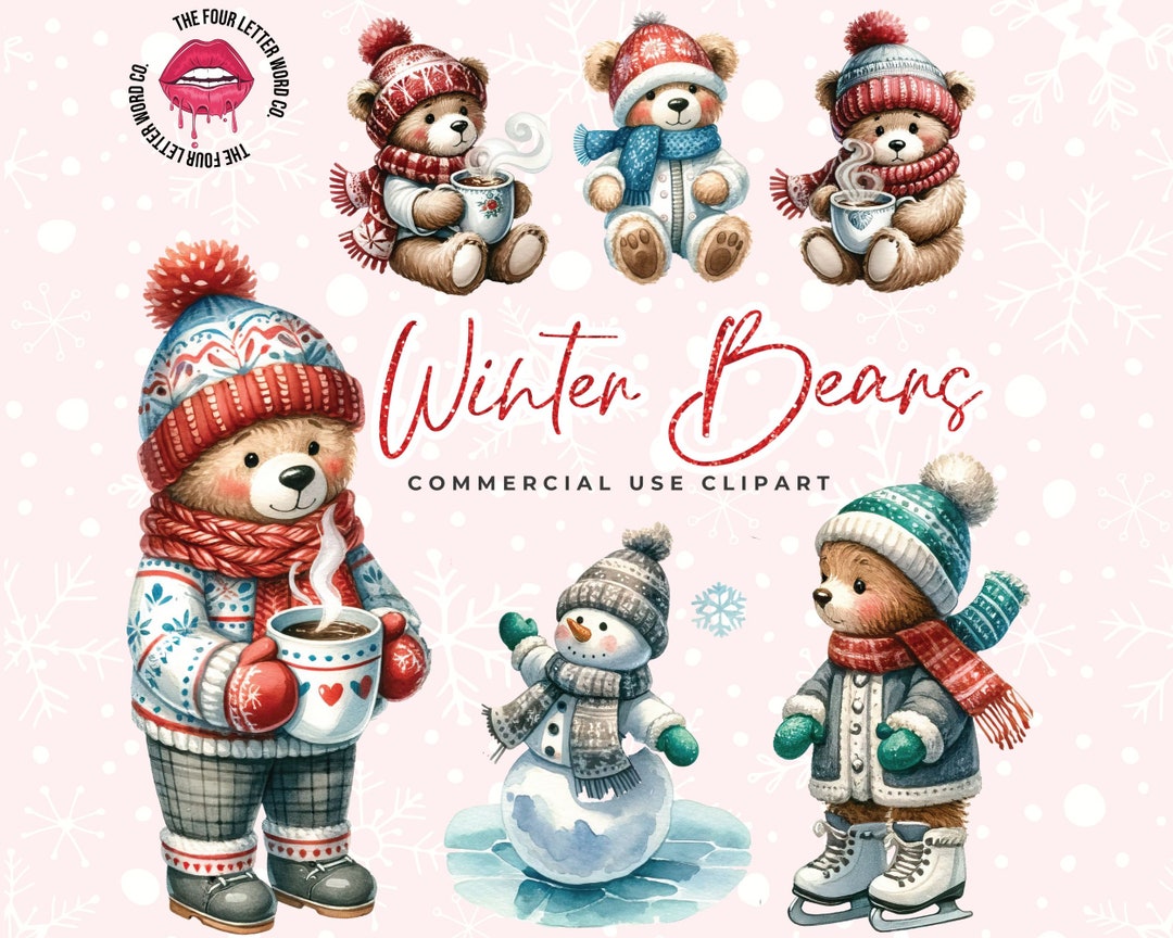 Winter Christmas Teddy Bear Clipart Bundle | Cute Teddy Clipart | Teddy ...