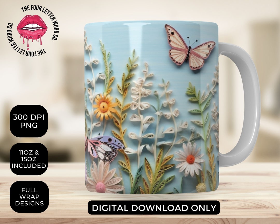 3D Butterfly and Flowers Mug 3D Mug Design Coffee Mug Sublimation 11oz ...