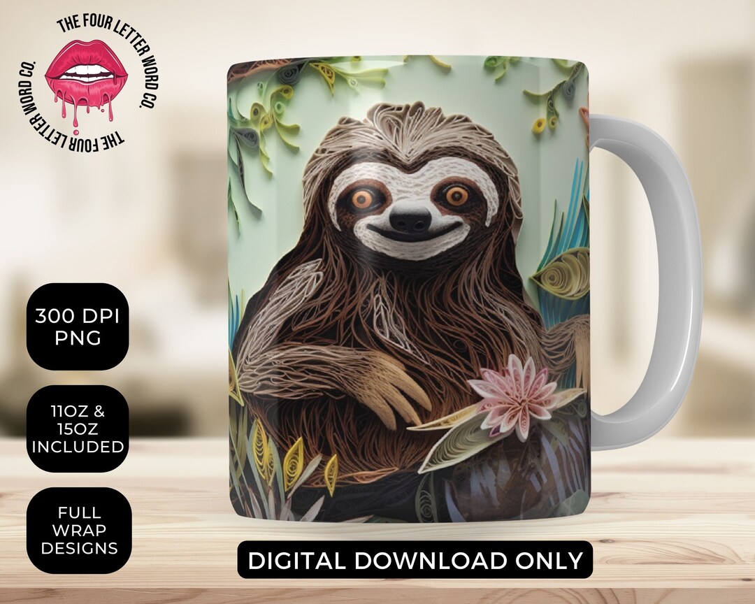3D Sloth Mug | 3D Mug Design | Coffee Mug Sublimation | 11oz & 15oz Mug ...