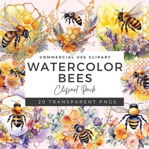 Watercolor Honey Bee Clipart Bundle | Bee Illustrations | Cute Bees ...