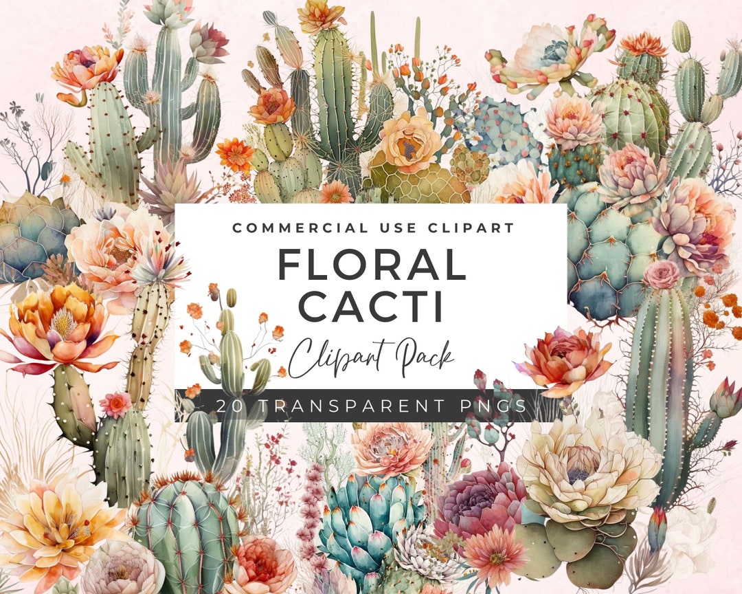 20 PNG Watercolor Cactus Floral Clip Art Bundle | Cactus PNG | Cacti ...