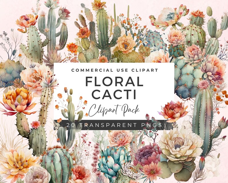 20 PNG Watercolor Cactus Floral Clip Art Bundle | Cactus PNG | Cacti ...