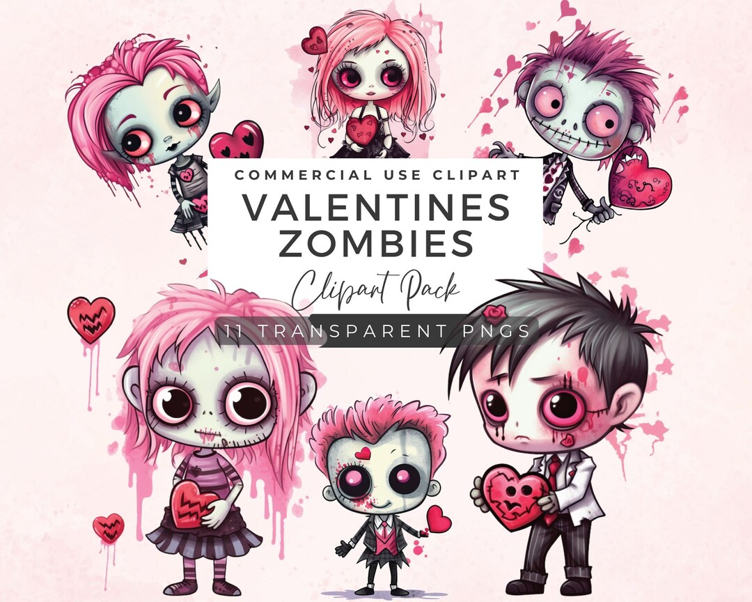 Cute Valentine Zombies Clipart Bundle | Zombie Png | Gothic Valentines ...