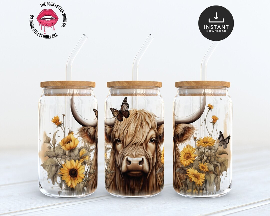 Fall Flower Highland Cow Glass Cup | Sunflower Cow Glass Wrap | Fall ...