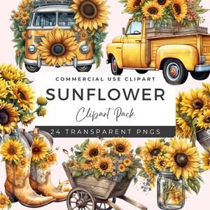 24 PNG Watercolor Sunflower Clipart Bundle | Sunflower Clipart | Boho ...