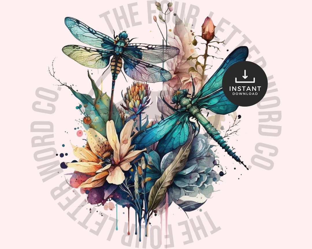 Watercolor Dragonflies Sublimation Design | Floral Dragonflies ...