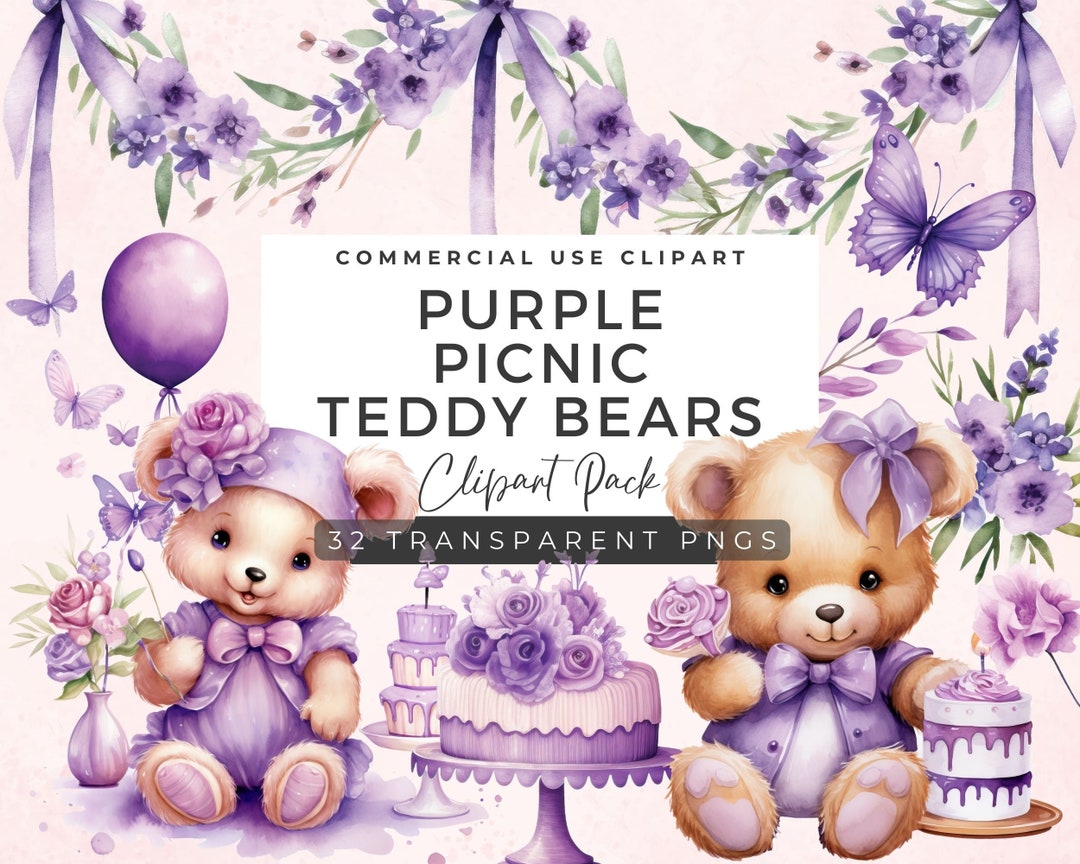 Purple Teddy Bear Clipart Bundle | Cute Teddy Clipart | Watercolor Baby ...