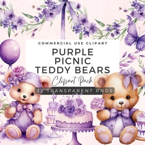 Purple Teddy Bear Clipart Bundle | Cute Teddy Clipart | Watercolor Baby ...