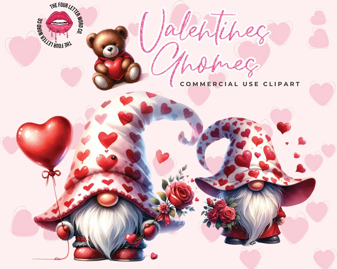 Valentine Gnomes Clipart | Valentine PNG | Gnome Clipart | Valentines ...