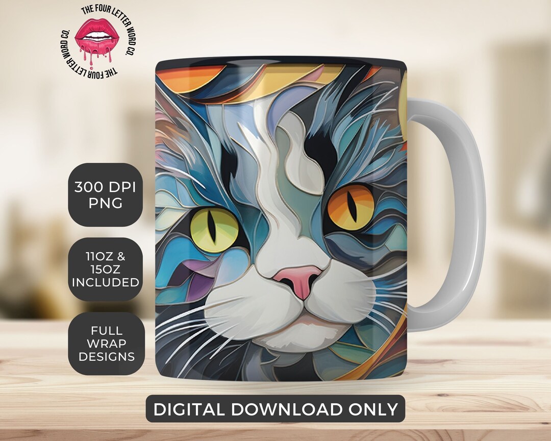 Cat Mug Wrap Colorful Cat Mug PNG Cat Mug Design Cute - Etsy