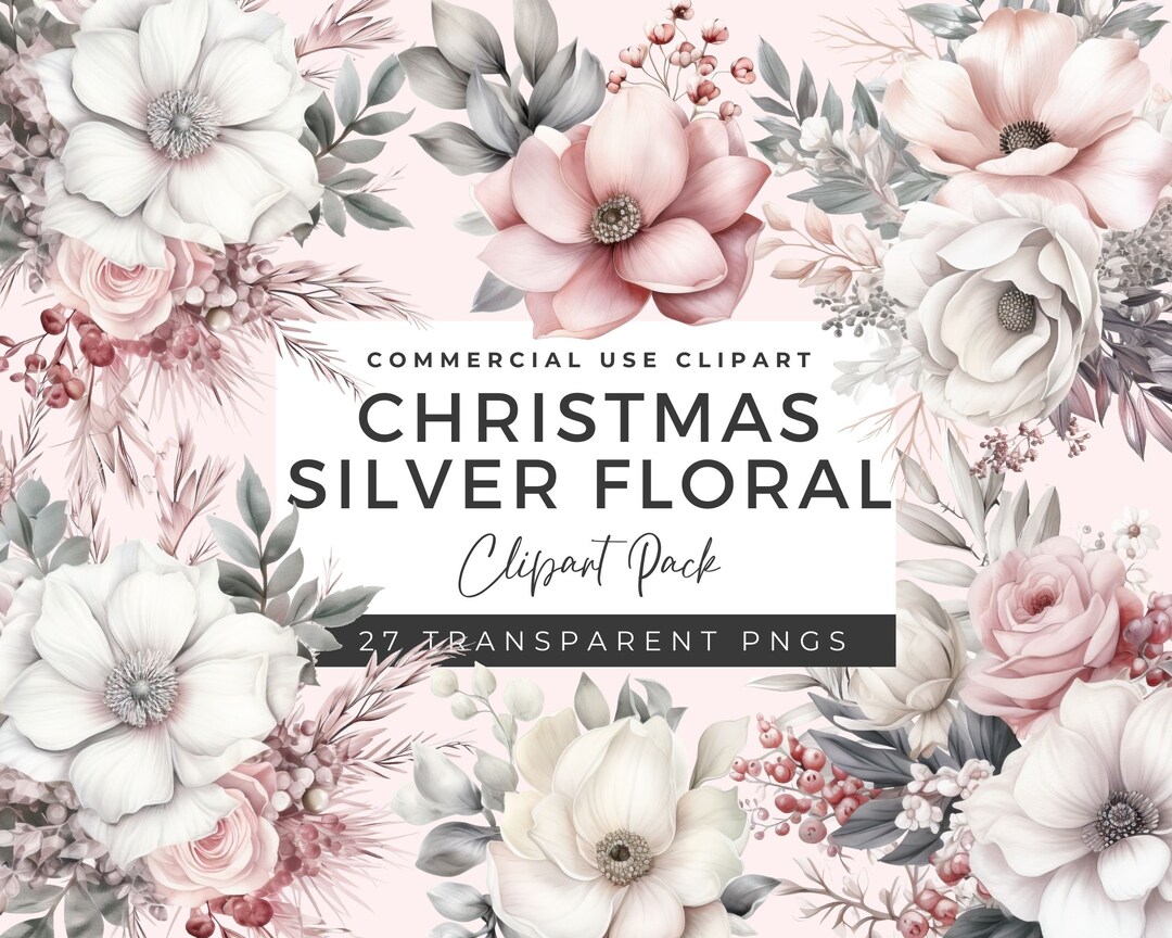 27 PNG Winter Watercolor Clipart Bundle | Silver Christmas Flowers ...