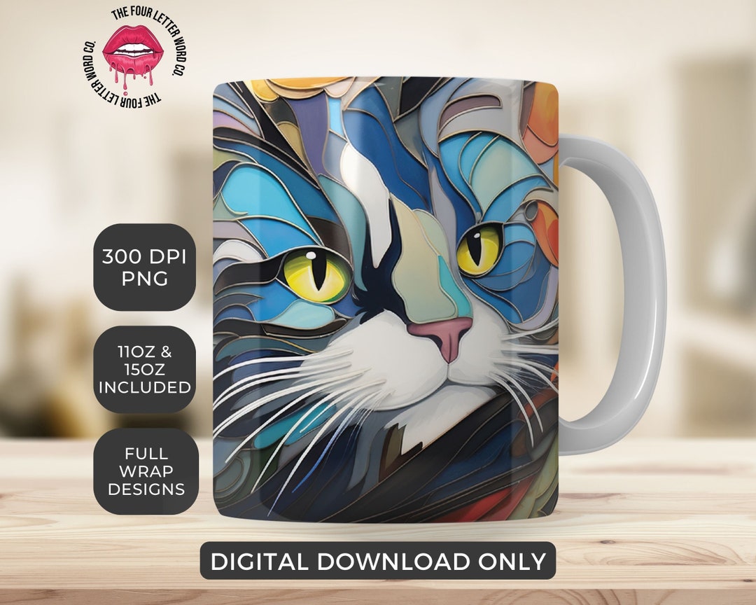 Cat Mug Wrap Colorful Cat Mug PNG Cat Mug Design Cute - Etsy