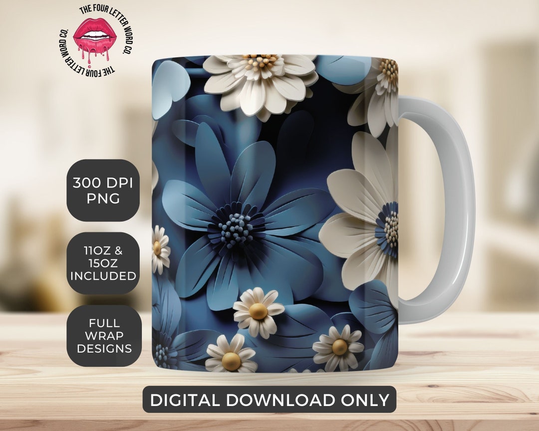 3D Floral Mug Wrap Blue Floral Mug Png 3D Flowers Mug Wrap - Etsy
