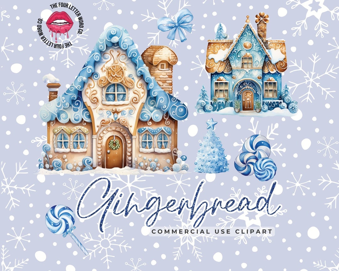 Christmas Blue Gingerbread House Clipart Bundle | Gingerbread PNG ...