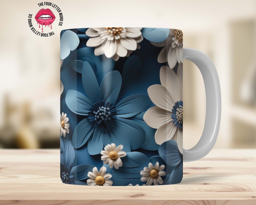 3D Floral Mug Wrap | Blue Floral Mug Png | 3D Flowers Mug Wrap | Flower ...