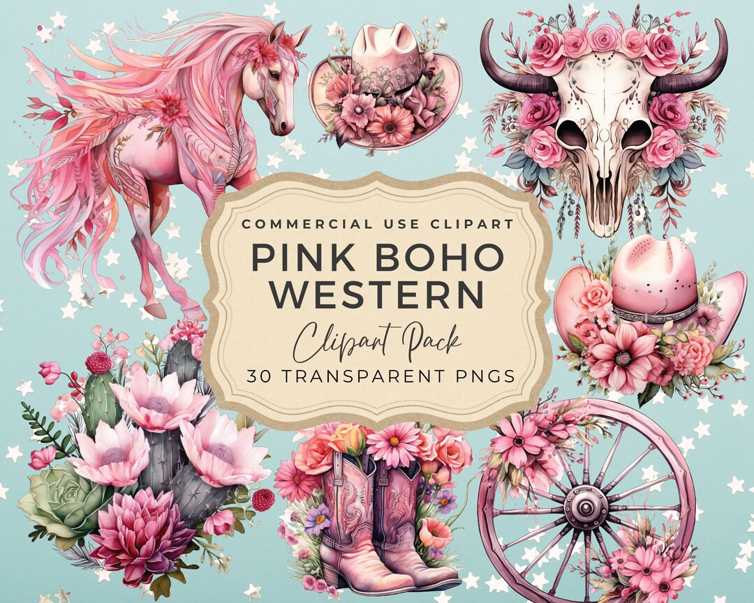 30 PNG Pink Watercolor Western Clip Art Bundle Cowgirl Clip - Etsy