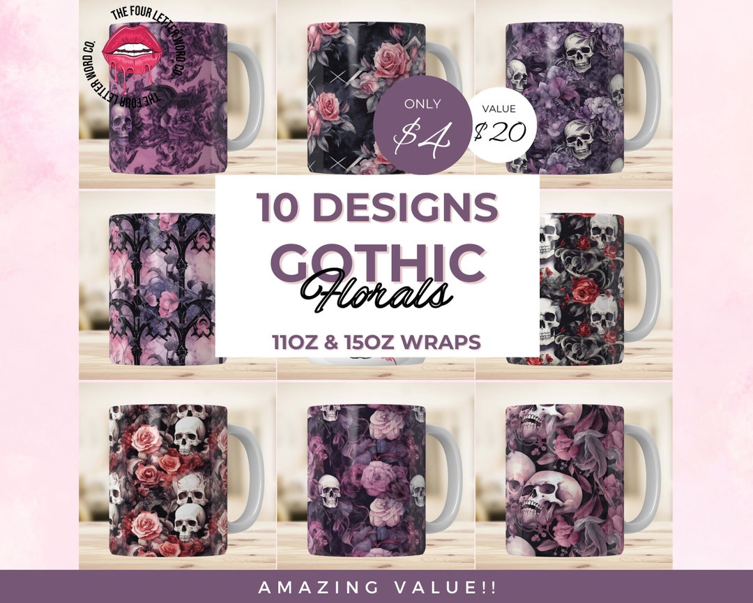 Gothic Floral Mug Wrap Bundle | Vintage Skull Mug PNG | Flower Skull ...