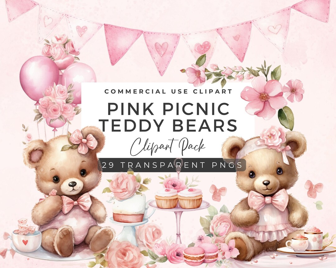 Pink Teddy Bear Clipart Bundle | Cute Teddy Clipart | Watercolor Baby ...