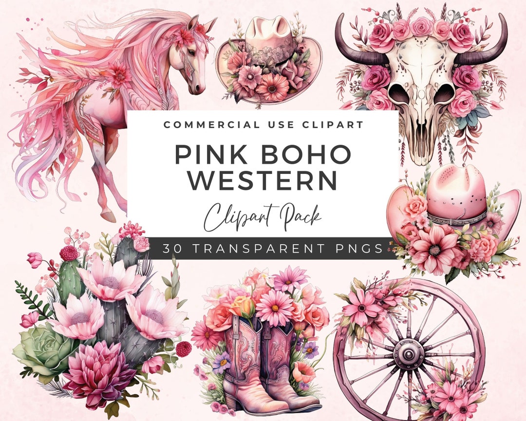 30 PNG Pink Watercolor Western Clip Art Bundle | Cowgirl Clip Art ...