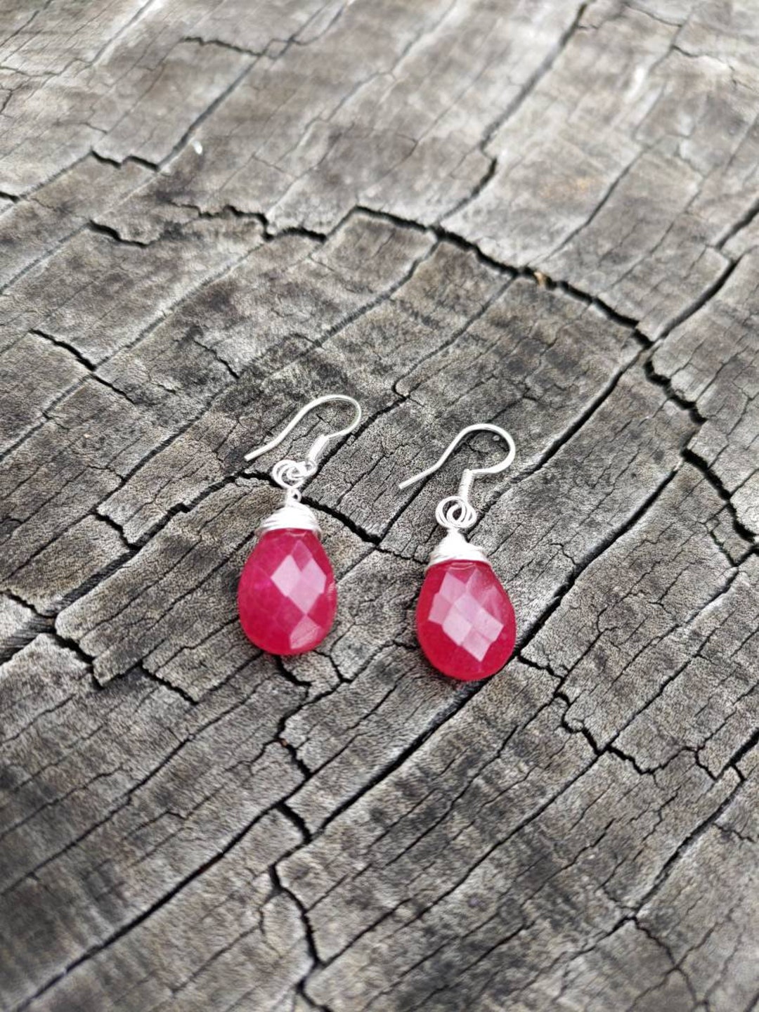 Natural Real Ruby Earrings Sterling Silver Wire Wrapped Briolette Cut ...