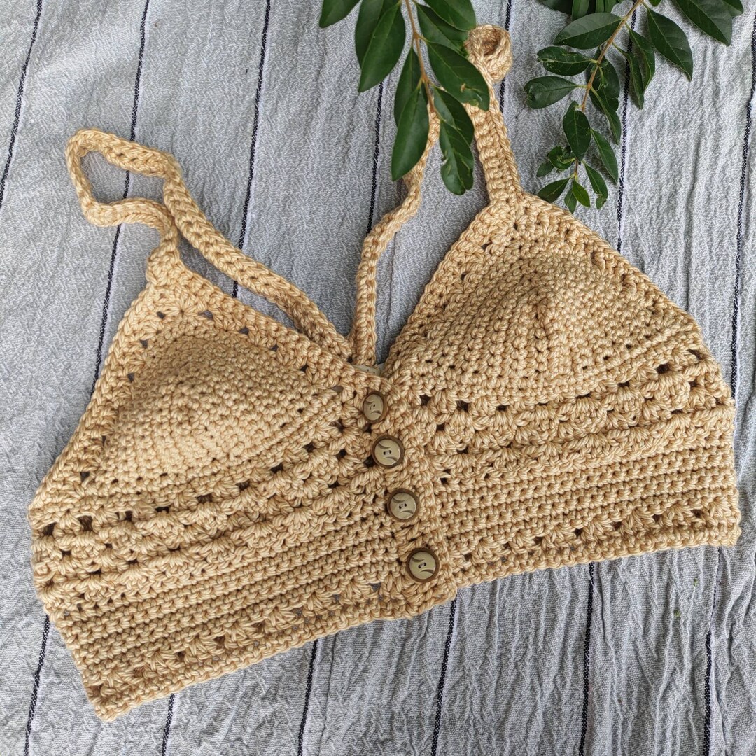 Hand Crochet Bralette Top With Vintage 80s Buttons. Beige Bralette in ...