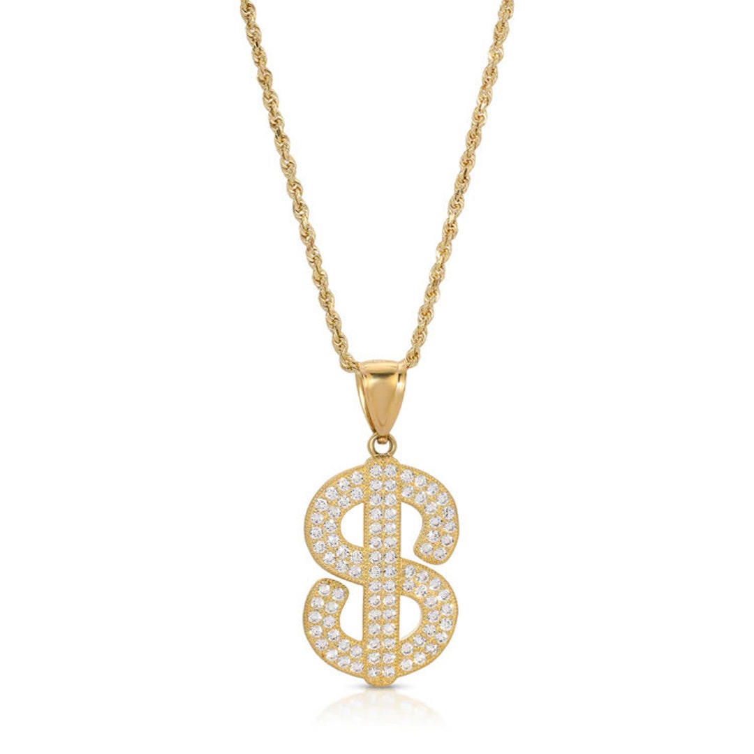 10k Solid Gold Money Dollar Sign Lucky CZ Charm Pendant Necklace for ...