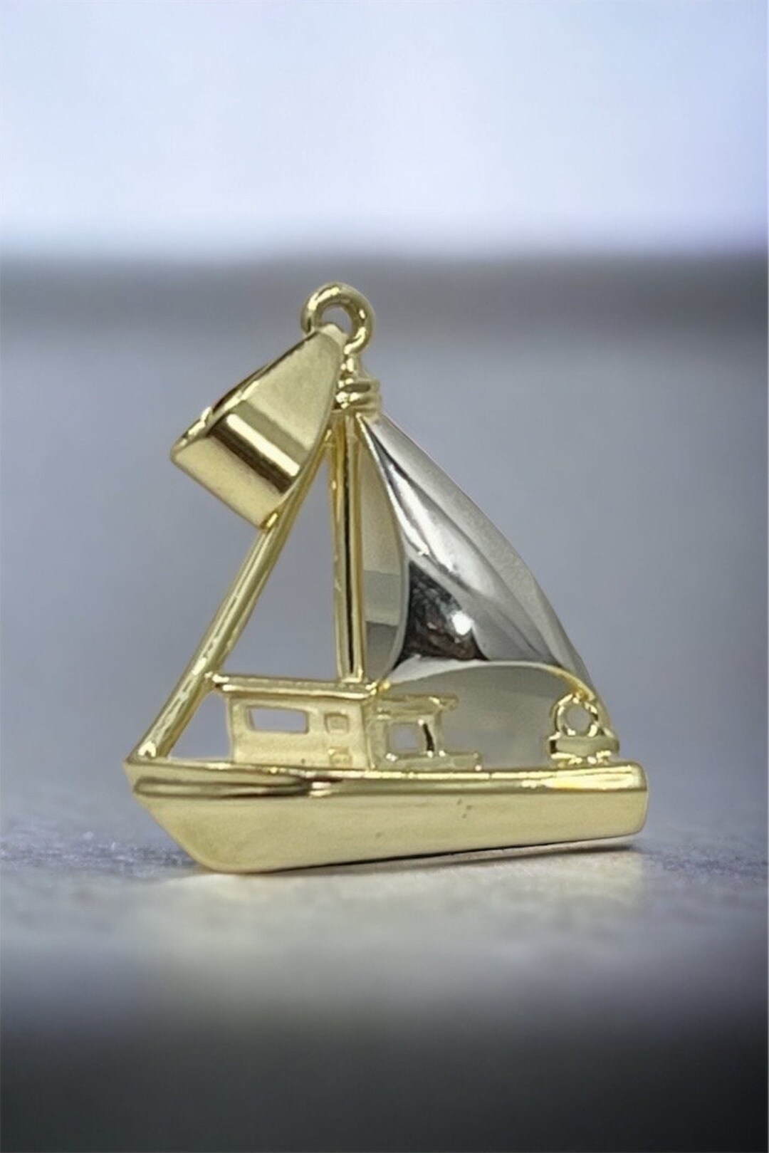 14K Solid Gold 3D Detailed Sailing Boat Pendant, Sailboat Charm + LAZER ...