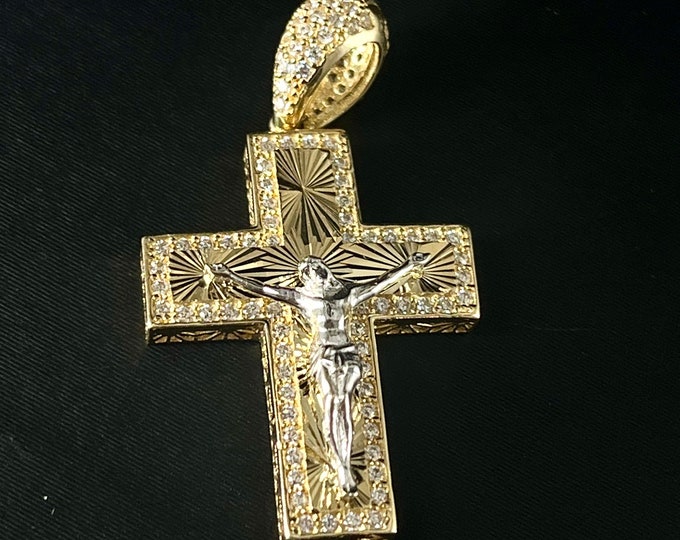 14K Solid Gold Cubic Zirconia Cross Pendant, Jesus Christ Cross ...