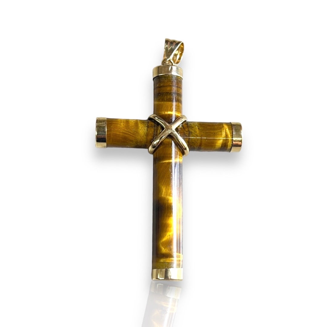 Unique Tigers Eye Gemstone CROSS BINDED With 14K Yellow Gold, Religious ...