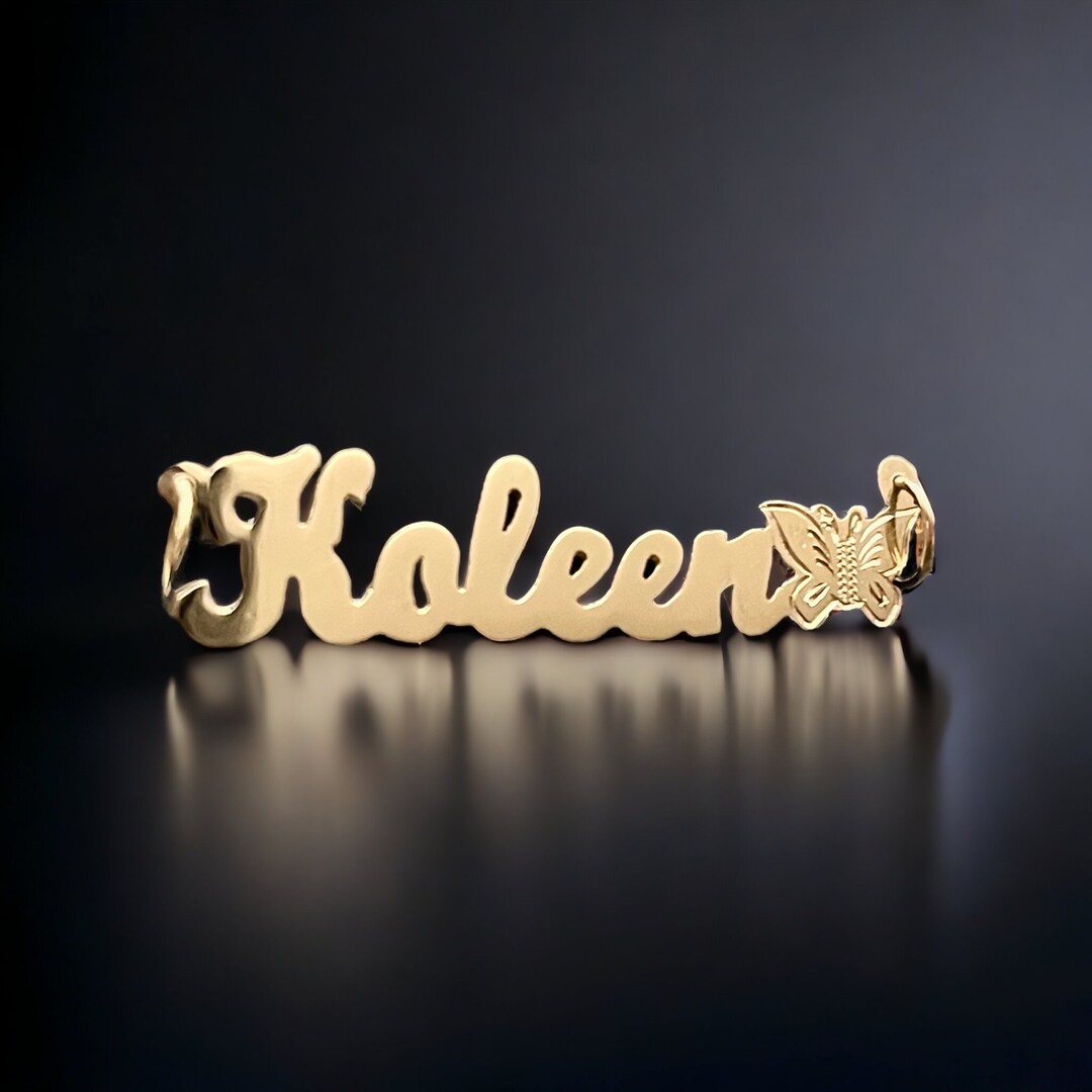 Solid Gold Name Pendant With Butterfly-real 14K Yellow Gold Custom Name ...