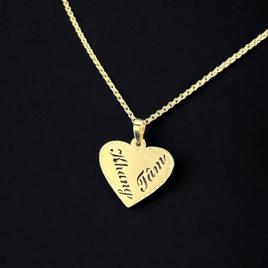 14K, 10K Solid Gold 2 Names Heart Shaped Pendant, Handmade Personalized ...