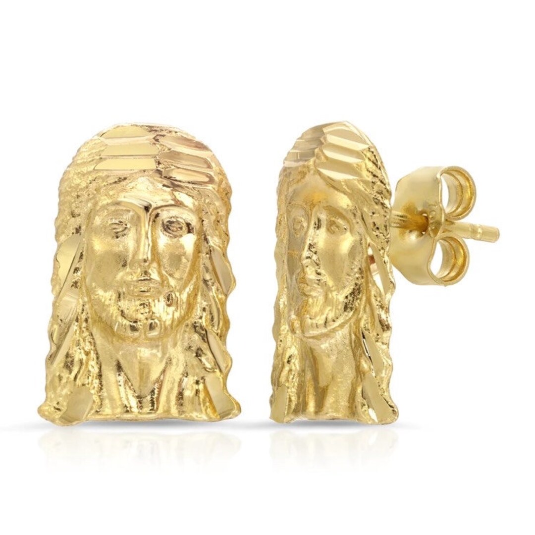 Real 10K Yellow Gold Solid Gold Polished Jesus- Piece Earrings Textured ...
