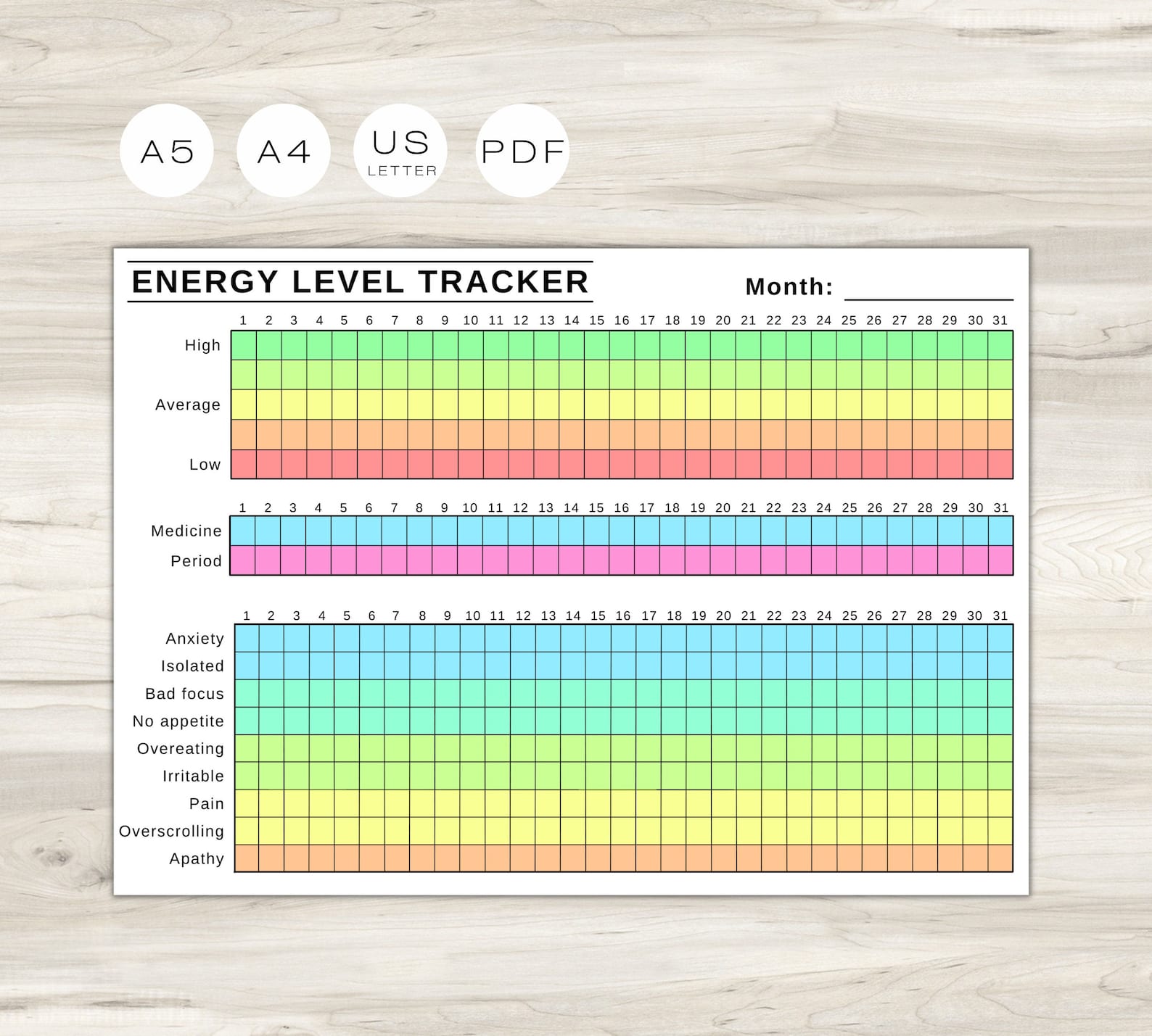 Energy Level Monthly Tracker | Printable Energy Tracker | Symptoms ...