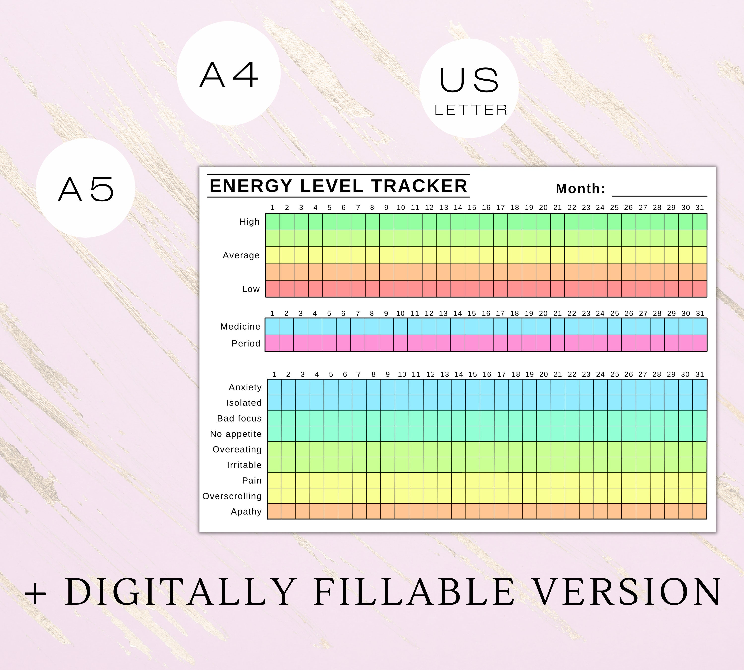 Energy Level Monthly Tracker | Printable Energy Tracker | Symptoms ...