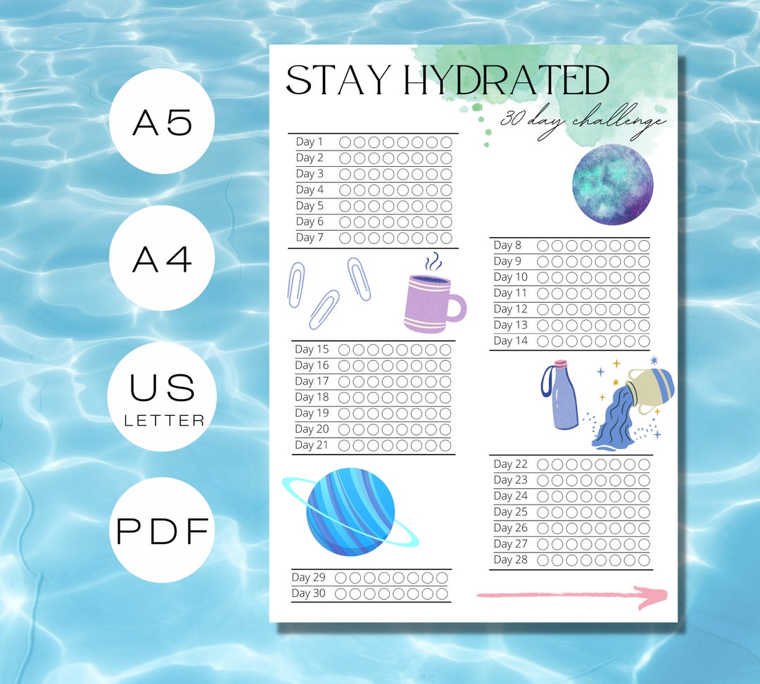 Hydration Tracker Monthly Challenge | Bullet Journal Printable | Water ...