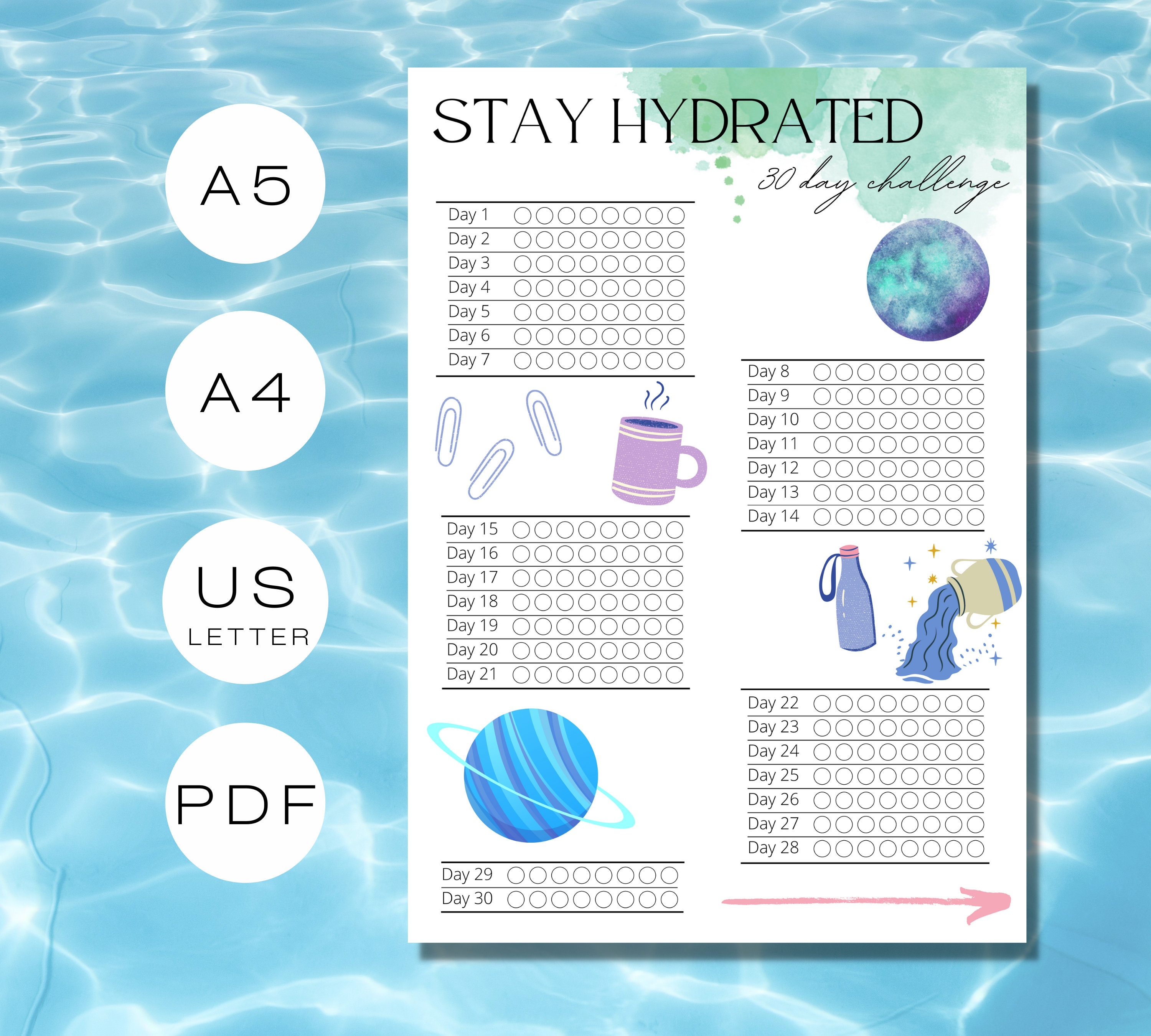 Hydration Tracker Monthly Challenge | Bullet Journal Printable | Water ...