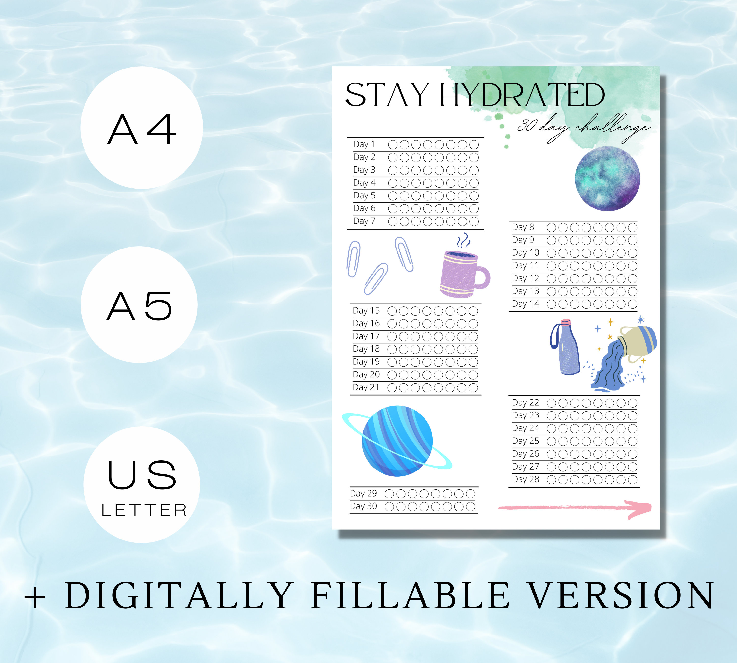 Hydration Tracker Monthly Challenge | Bullet Journal Printable | Water ...