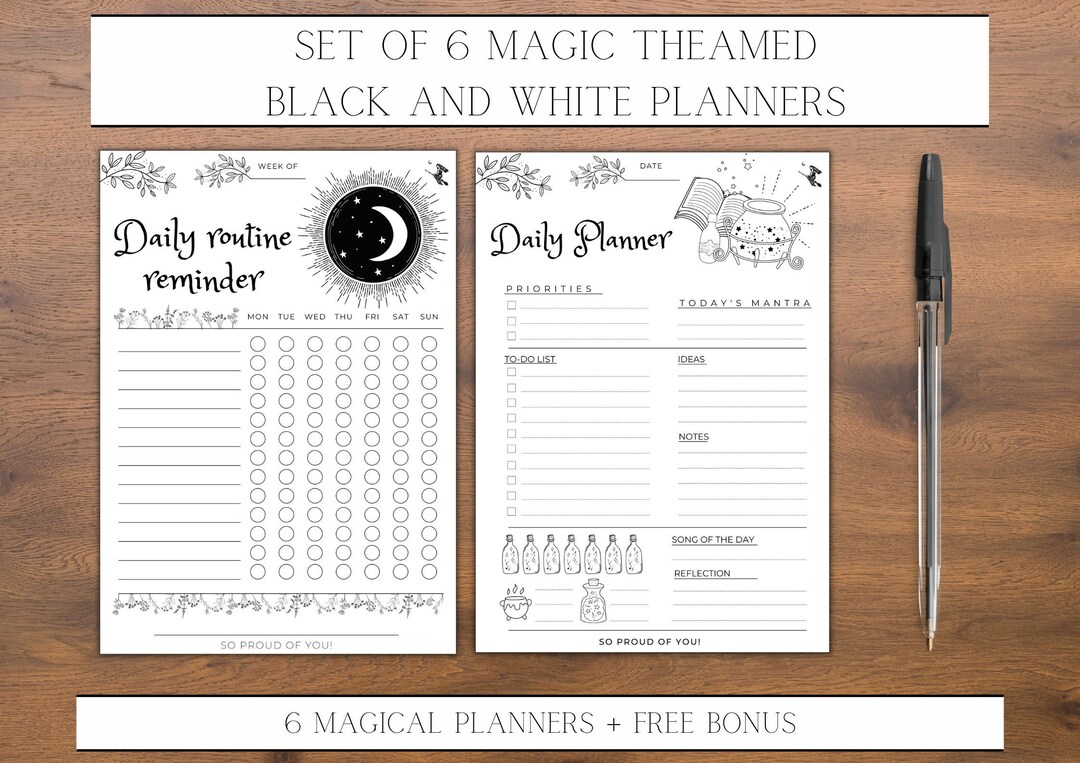 Set of Black and White Magic Printable Planners | 7 Planners | Daily ...