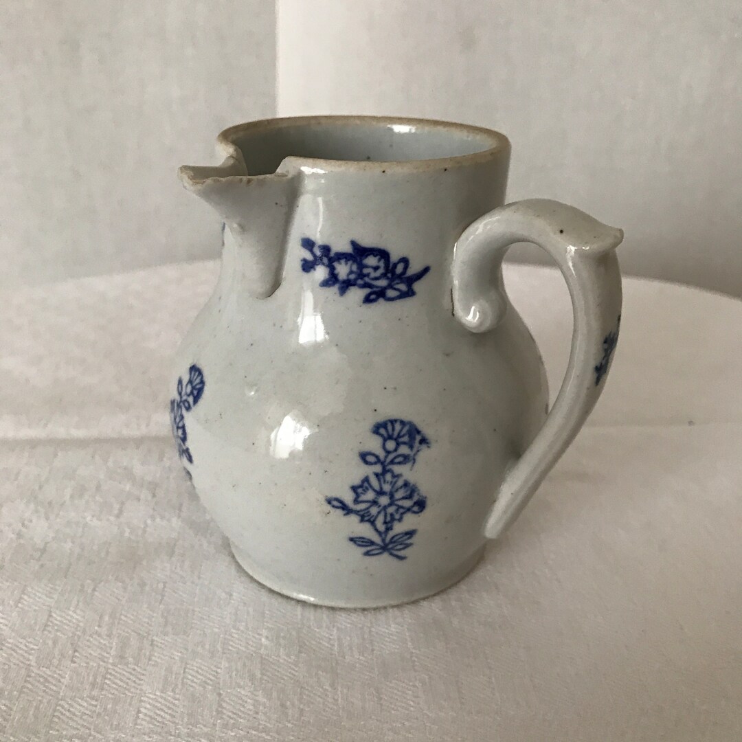Small Milk Jug in St Uze Stoneware, Blue Floral Decoration, Early 20th ...